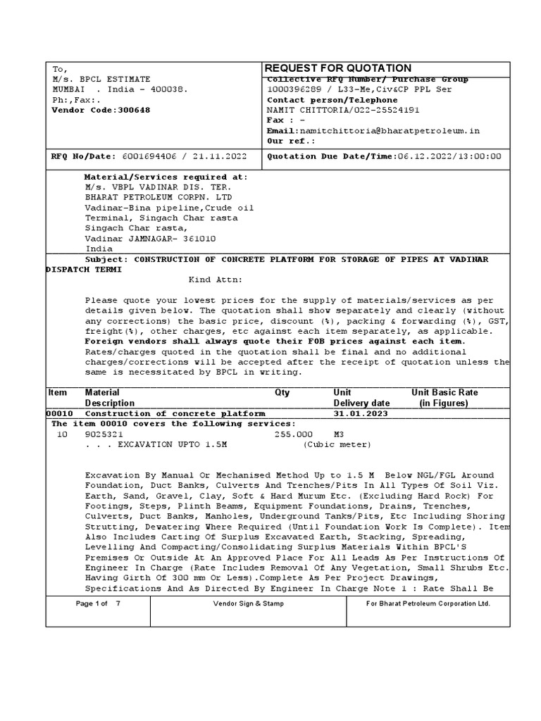 For Bharat Petroleum Corporation Ltd. Vendor Sign & Stamp Page 1 of 7 ...
