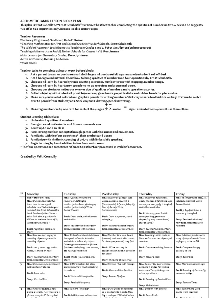 Grade 1 Example of 1st Arithmetic Block Plan - Final | PDF | Waldorf ...