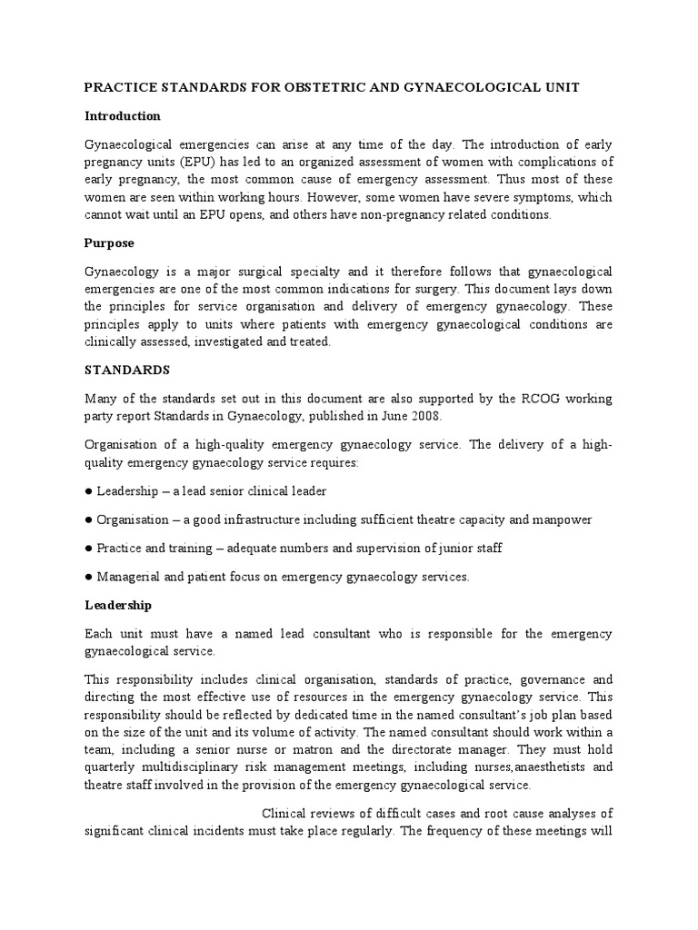 Practice Standards For Obstetric and Gynaecological Unit | PDF