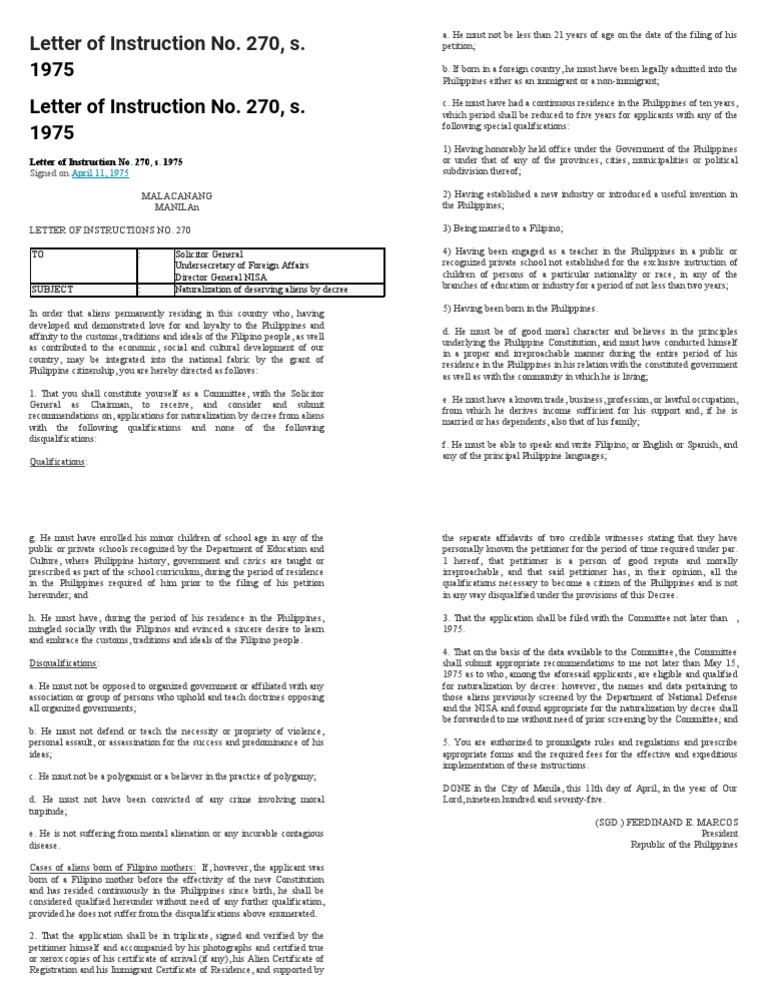 Letter of Instruction No 270 | PDF