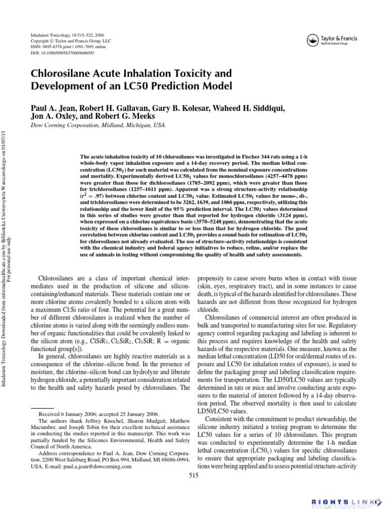 Chlorosilane Acute Inhalation Toxicity and Development of An LC50 ...