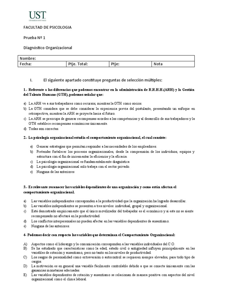 Prueba #1 Diag. Org 2022 | PDF | Psicología industrial y organizacional ...