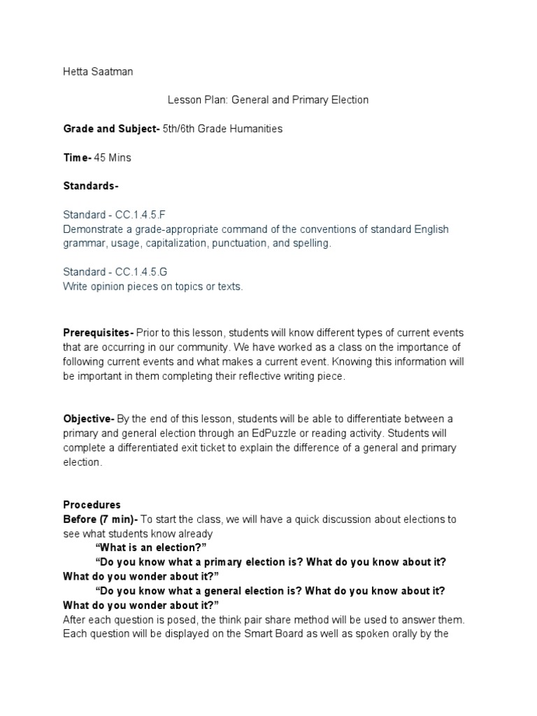 Lesson Plan Election | Download Free PDF | Classroom | Learning