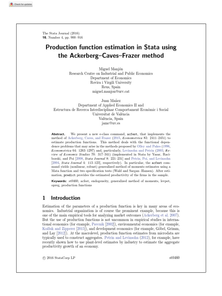 Production Function Estimation in Stata Using The Ackerberg-Caves-Frazer Method | PDF