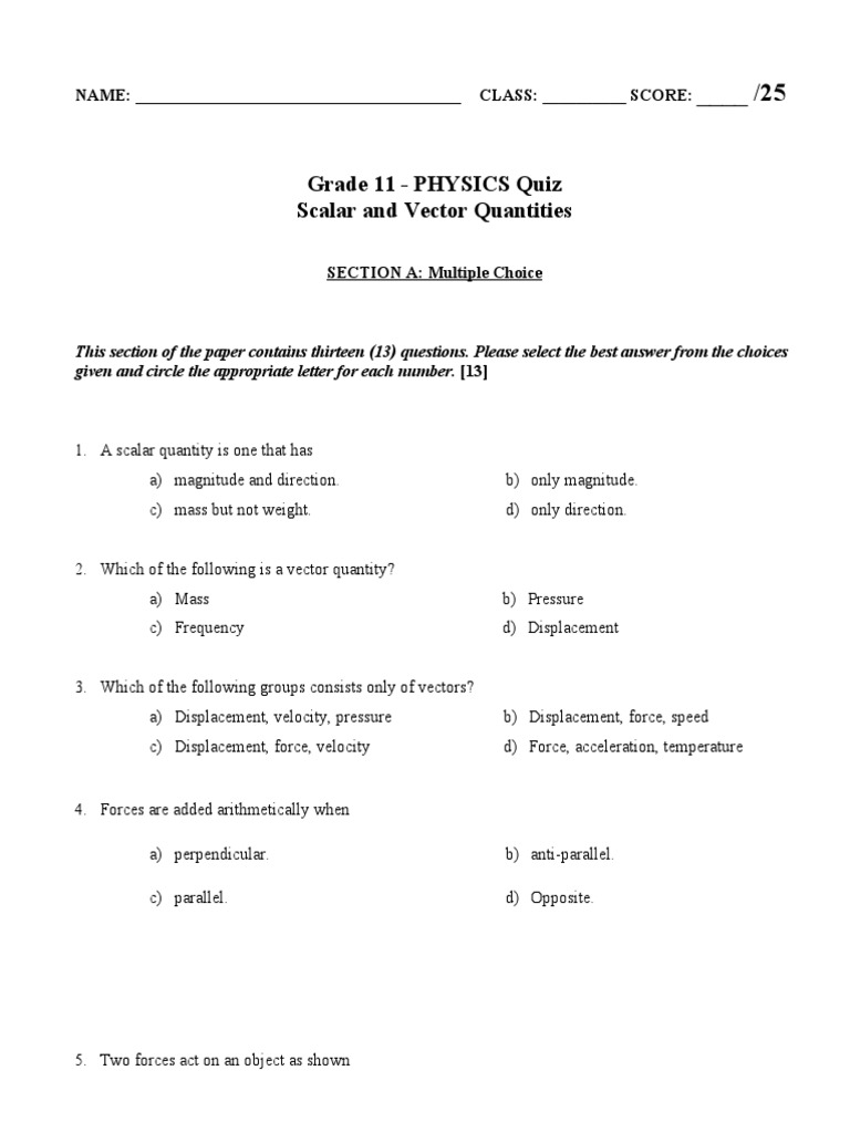 Grade 11 Scalar and Vector Quiz | PDF | Euclidean Vector | Force