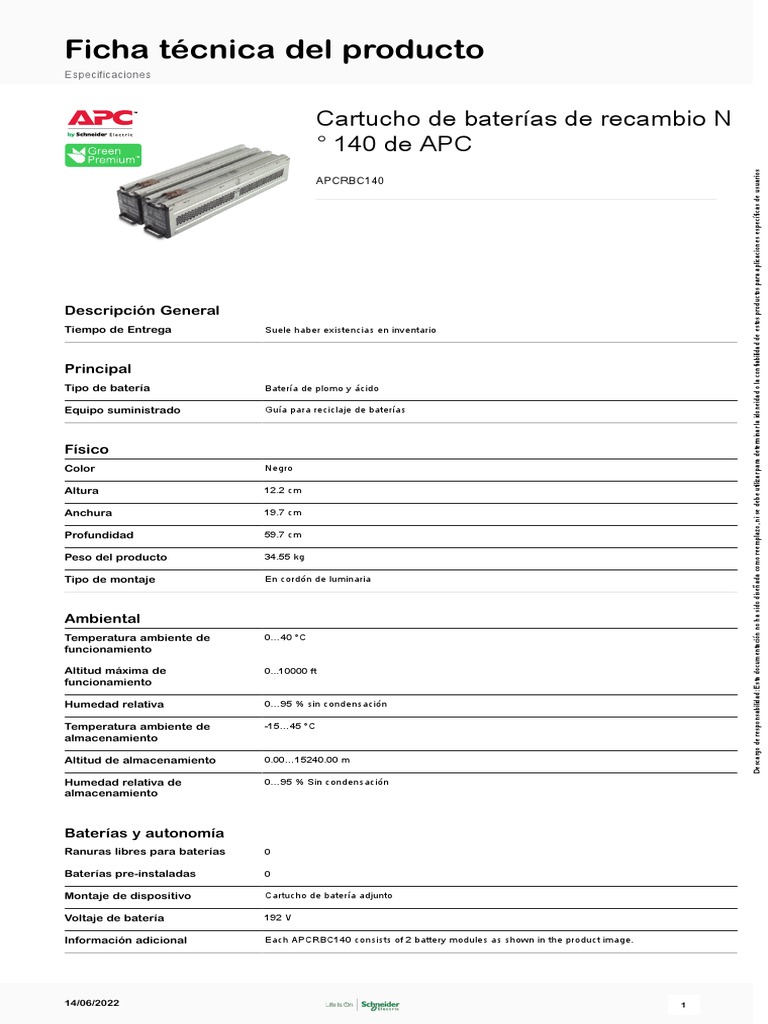 Cartucho de Batería APC APCRBC140 | PDF | Tecnología