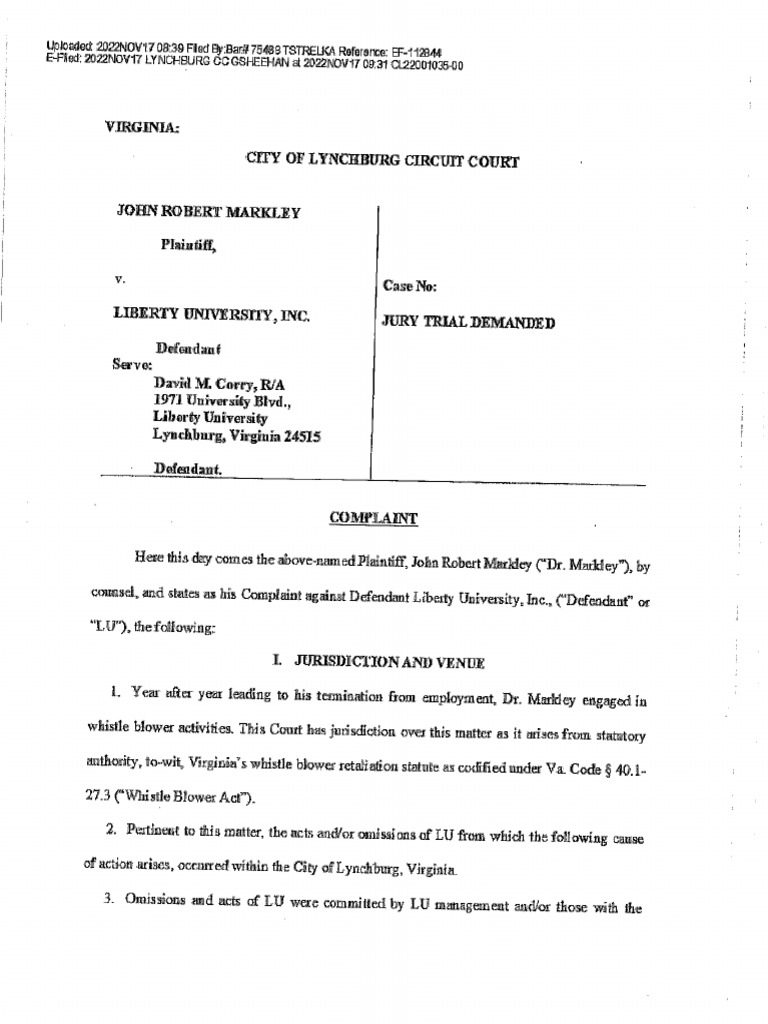 Lawsuit Filed Against Liberty University | PDF