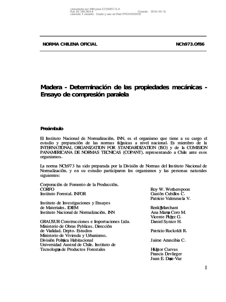 NCH 973 Of1986 Madera Determinacion de Las Propiedades Mecanicas Ensayo ...