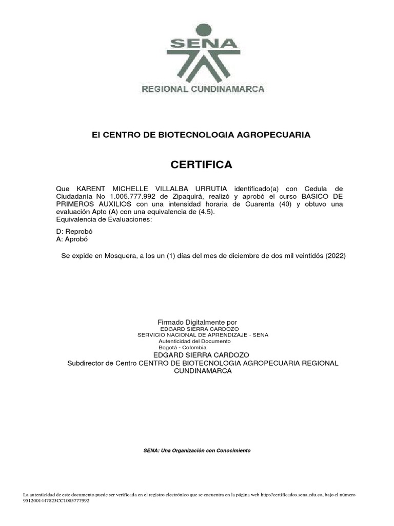 Certificado Sena Karent Michelle | PDF