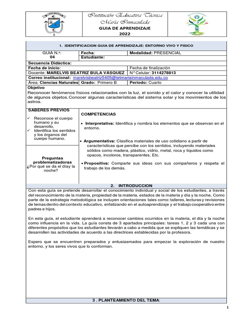 GUIAS DE CIENCIAS NATURALES Grado Primero 4P IETECMI 2022 | PDF ...