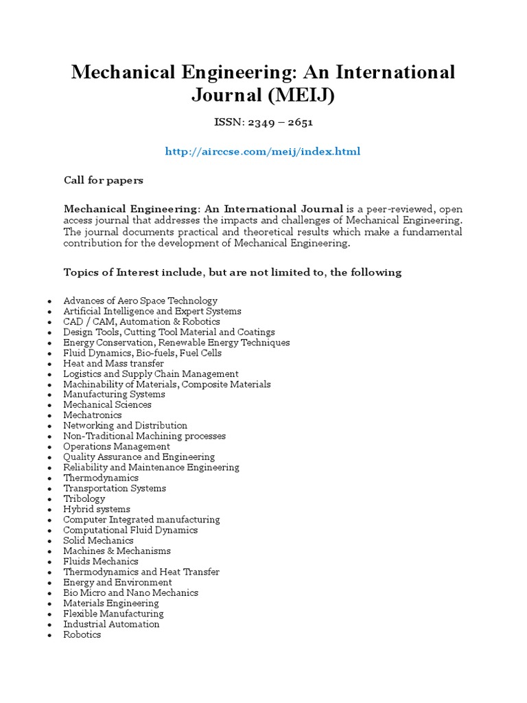 Mechanical Engineering: An International Journal | PDF | Mechanical ...