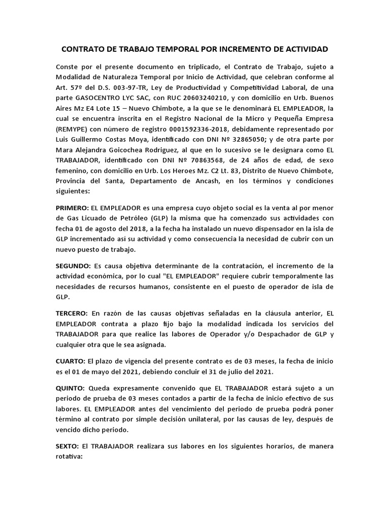 Contrato de Trabajo Por Inicio de Actividad | PDF | Pequeñas y medianas empresas | Tiempo de trabajo