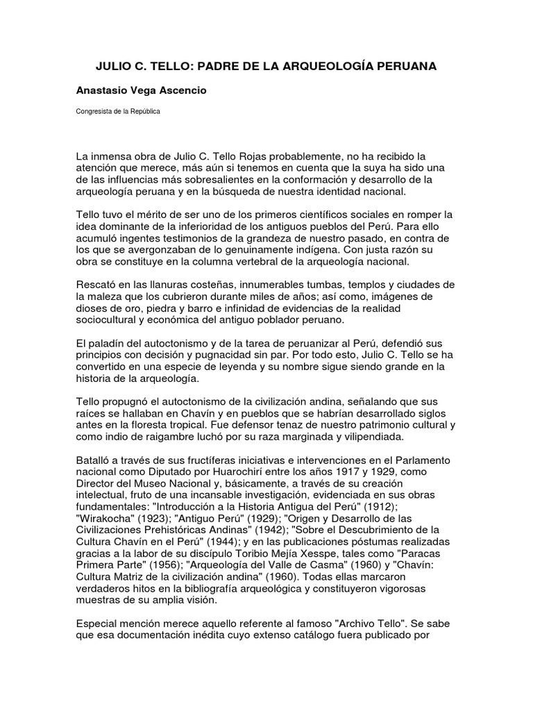 Legado de Julio C. Tello en Arqueología | PDF