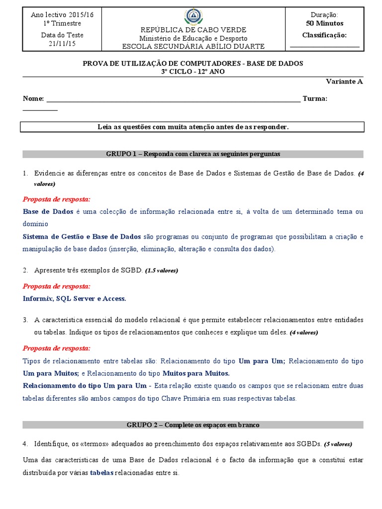 1 Teste Teorico Base De Dados Resolucao Pdf Bancos De Dados Base