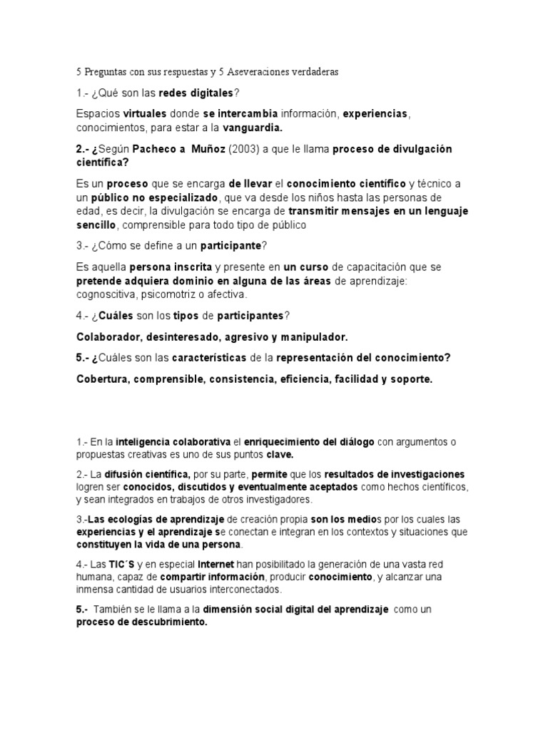 5 Preguntas Con Sus Respuestas y 5 Aseveraciones Verdaderas | PDF ...