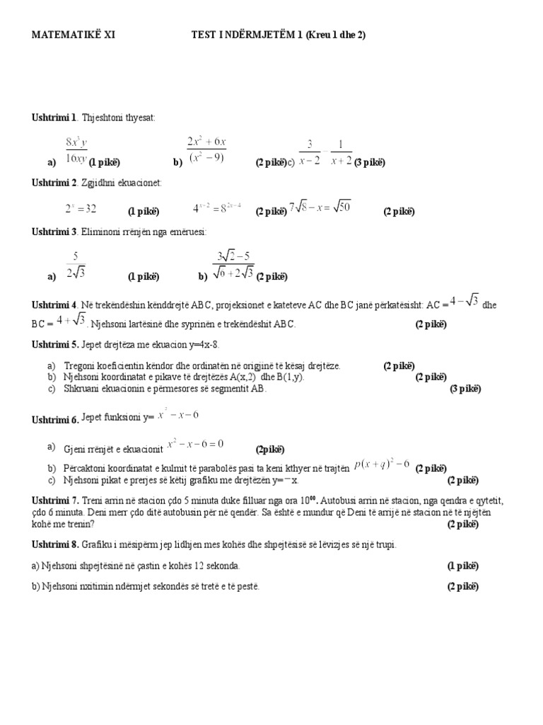 Test Kreu 1 Dhe 2 - Matematika 11 | PDF