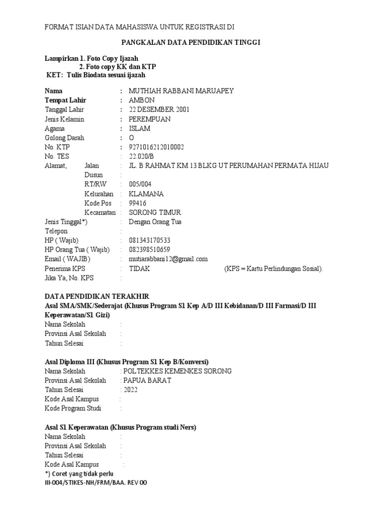 Format Isian Data Mahasiswa Untuk PD DIKTI (MUTIA MARUAPEY) | PDF