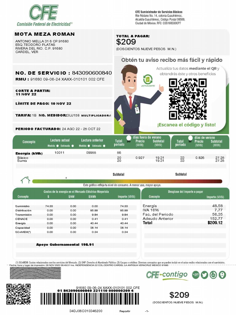 Factura de Servicios de CFE - Mota Meza | PDF