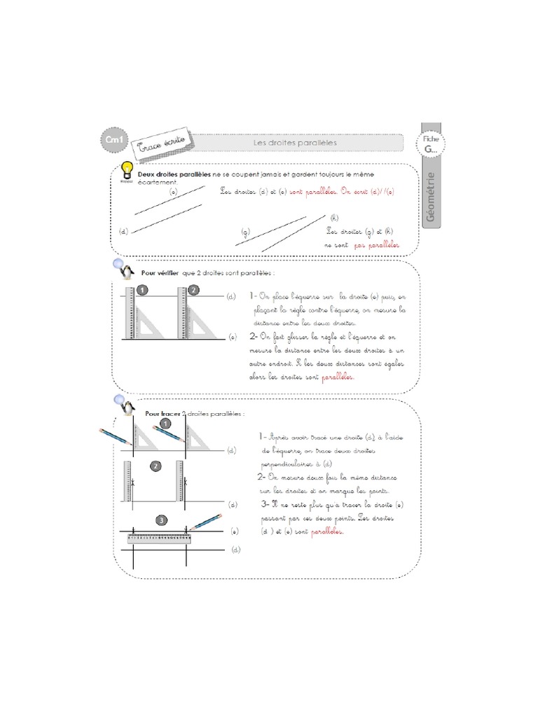 cm1 Geometrie Trace Ecrite Droites Paralleles 1a | PDF