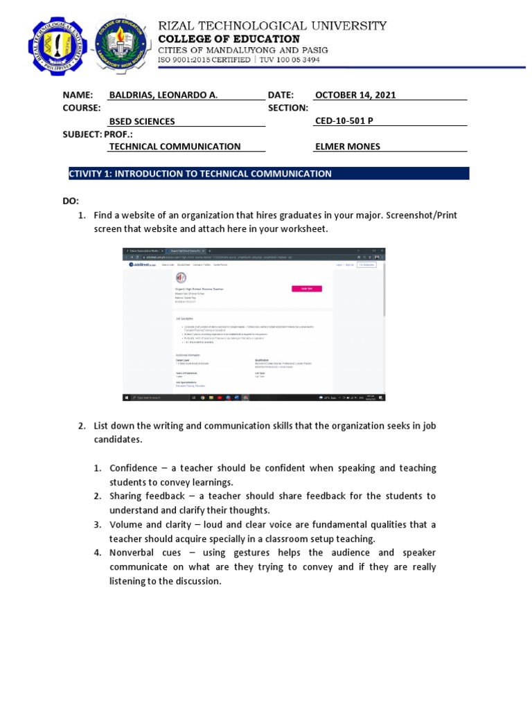 Activity 1 - Baldrias - Leonardo (Tech. Comm.) | PDF