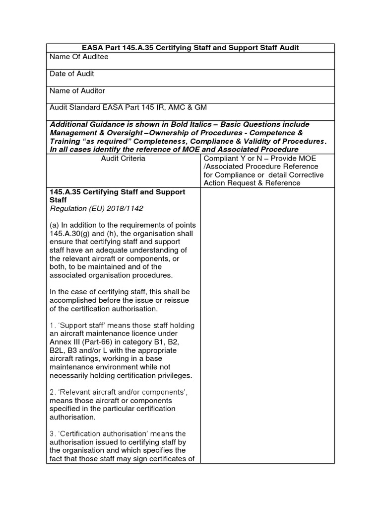 EASA Part 145 Certifying Staff and Support Staff Audit EASA.145.a.35 R0 ...