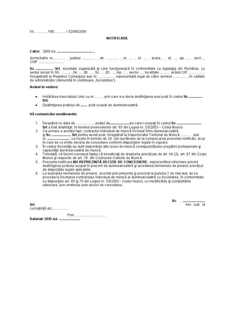 Notificare Desfiintare Post | PDF