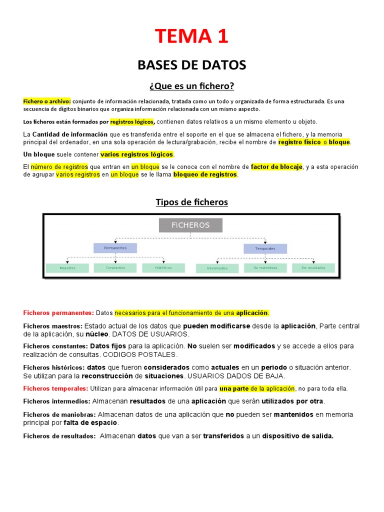 TEMA 1 Base de Datos Resumen Mio | PDF | Archivo de computadora | Puntero (Programación de ...