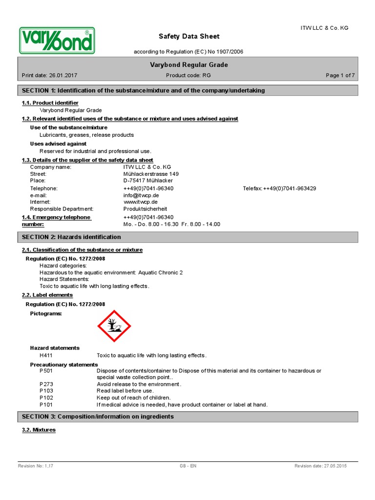 RG Varybond Regular Grade MSDS (E) | PDF | Dangerous Goods | Firefighting