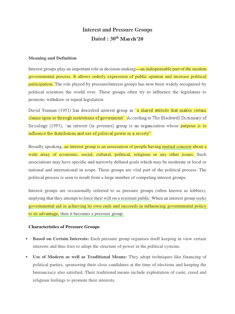Interest and - Pressure Groups | PDF
