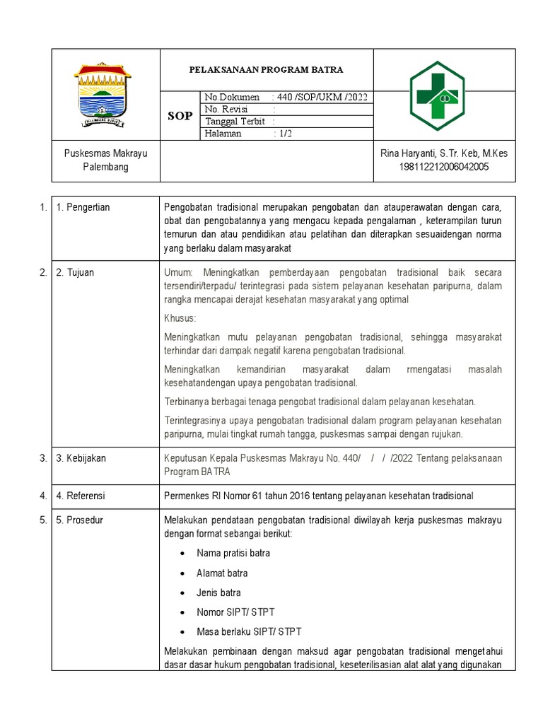 SOP Program BATRA Puskesmas | PDF