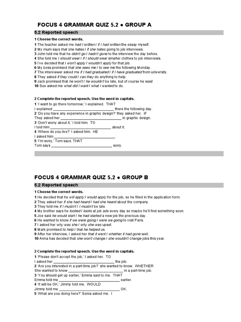 FOCUS 4 GRAMMAR QUIZ 5.2 Reported Speech | PDF