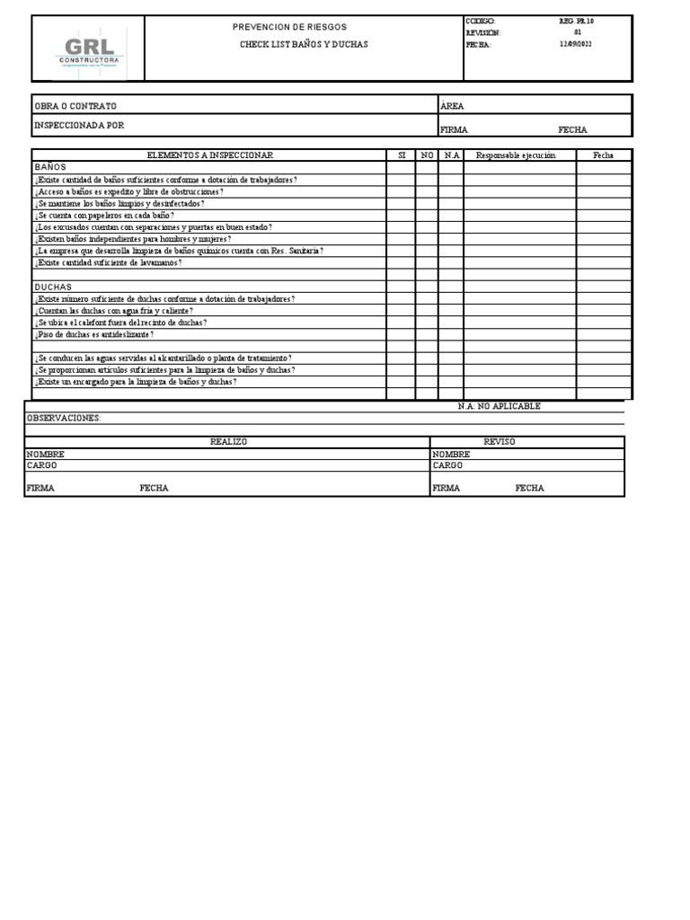 Reg-Pr - 11 Check List Baños y Duchas | PDF