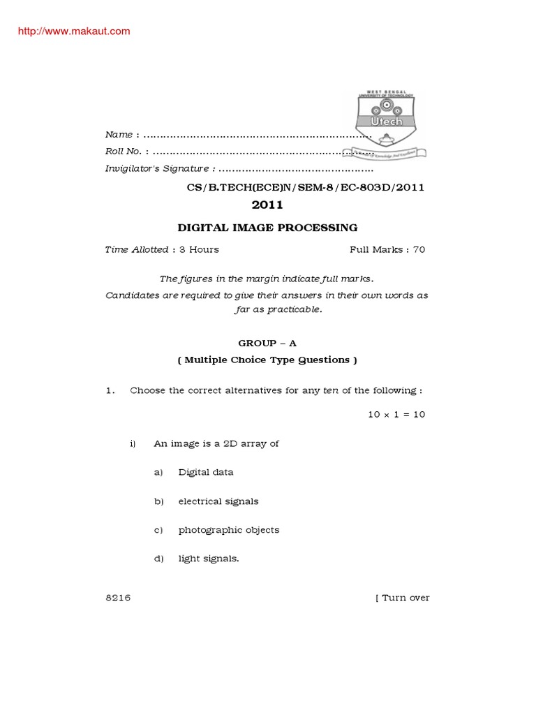 Btech Ece 8 Sem Digital Image Processing 2011 | PDF | Data Compression | Wavelet