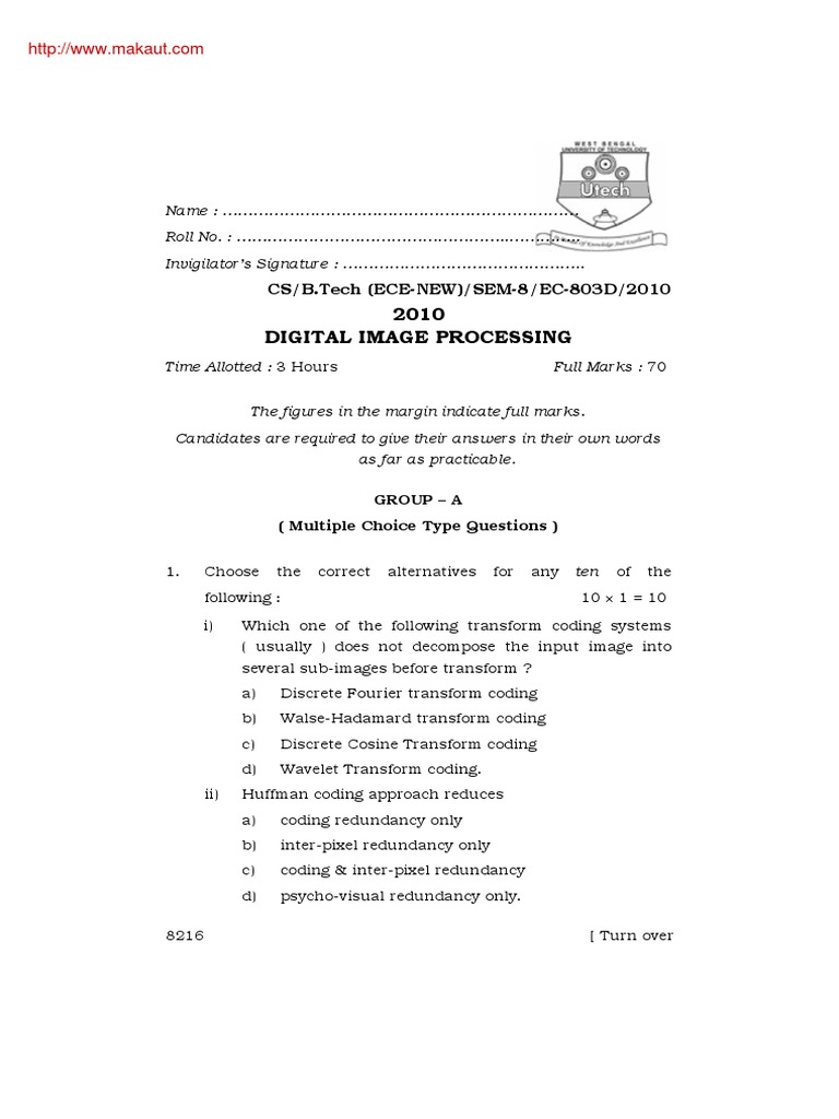 Btech Ece 8 Sem Digital Image Processing 2010 | PDF Btech Ece 8 Sem Digital Image Processing 2010 | PDF