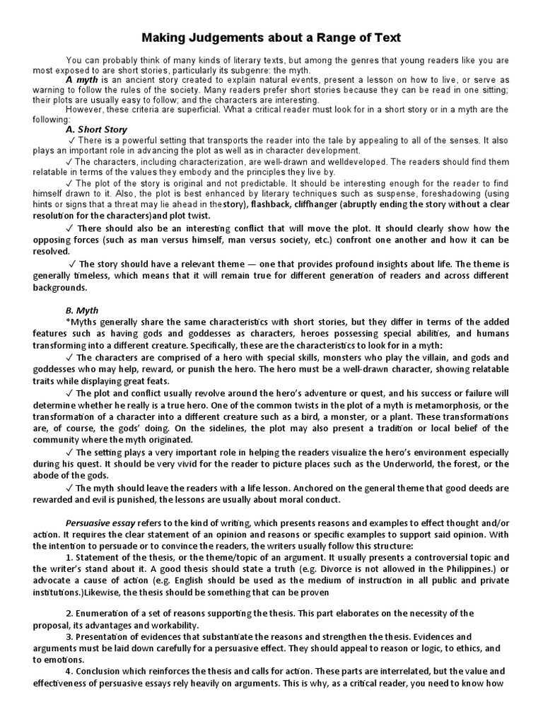 ENGLISH 10 Evaluating and Making Judgements About A Range of Texts ...