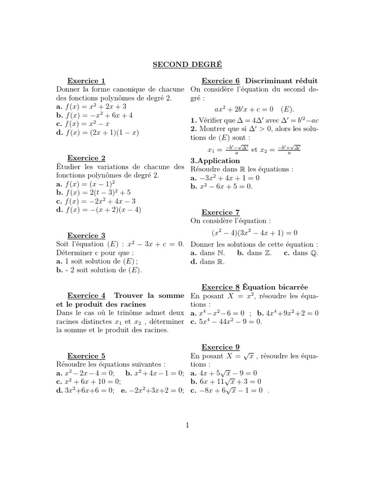 Fiche TD (Second Degré) | PDF | Équations | Polynôme