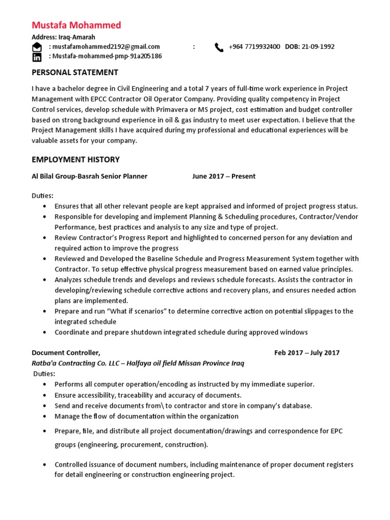 Mustafa's Resume (2) - 093416 | PDF | Project Management | Employment