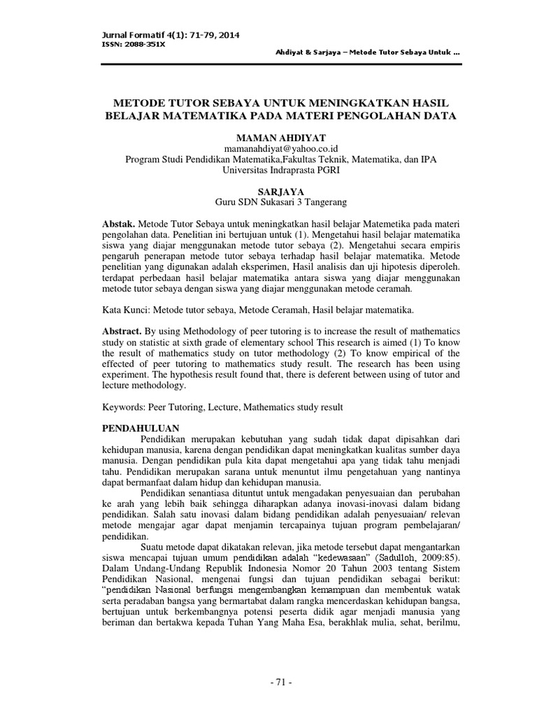Metode Tutor Sebaya Tingkatkan Belajar Matematika | PDF