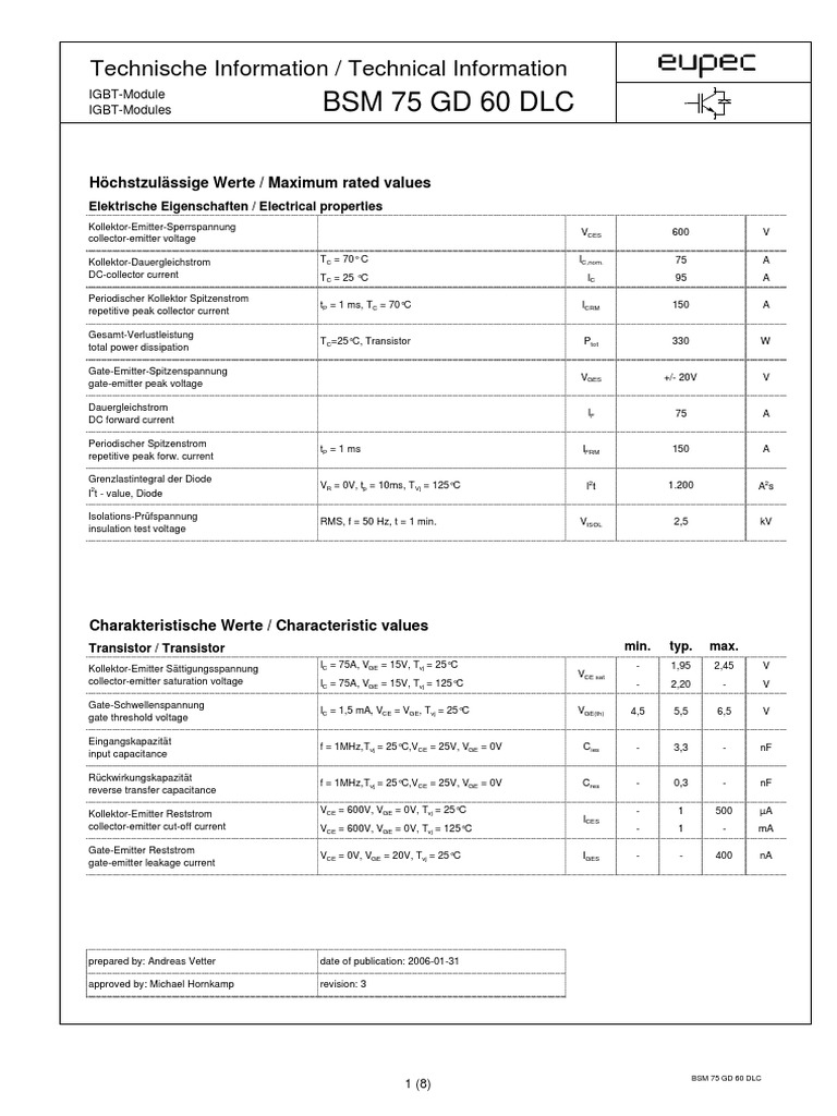 BSM75GD60DLC | PDF | Semiconductors | Physical Quantities