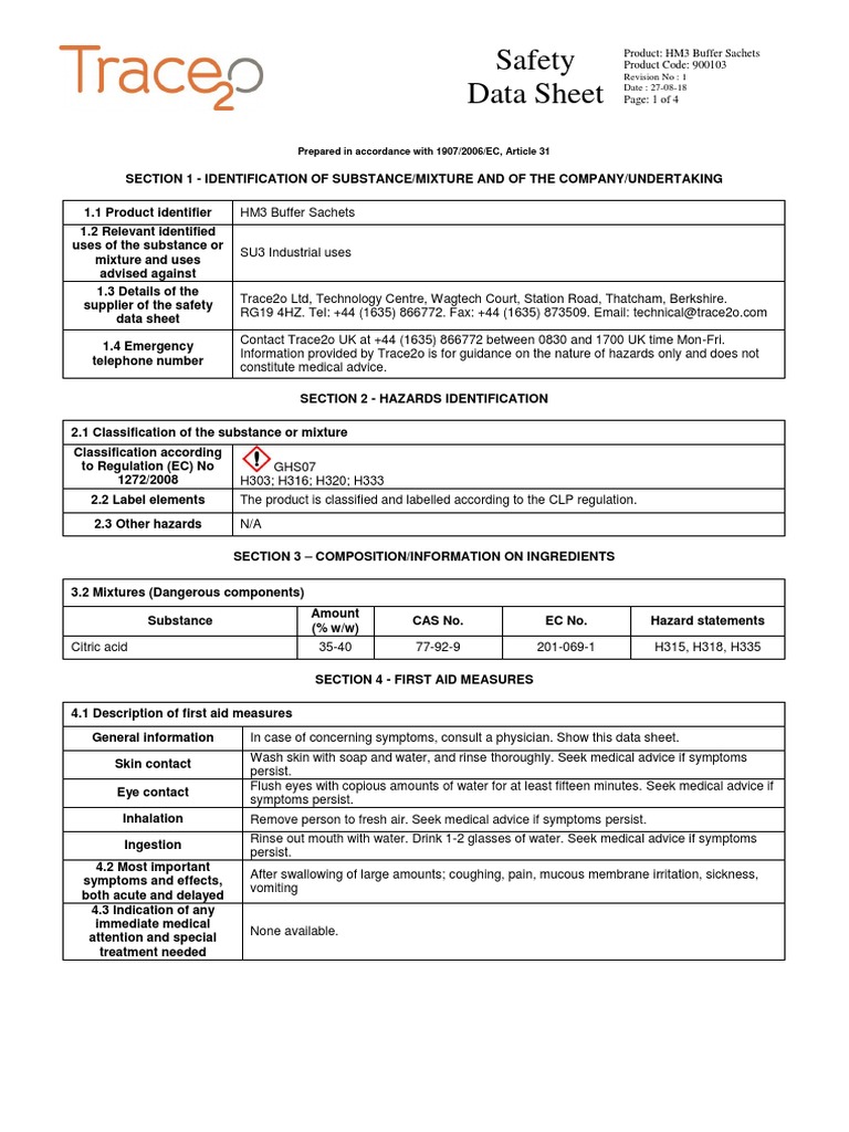 Hm3 Buffer Sds 27-08-18 | PDF | Materials | Chemistry