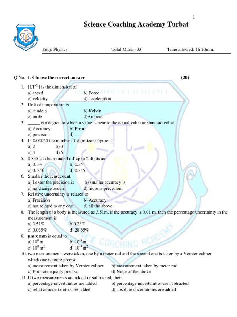 Mcqs Paper CHP .1 PDF | PDF | Significant Figures | Uncertainty