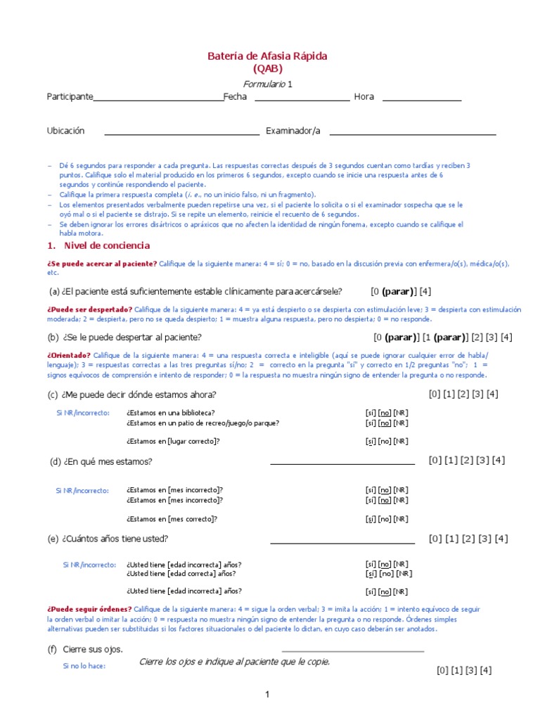 Evaluación de Afasia Rápida (QAB) | PDF | Afasia | Ciencia cognitiva