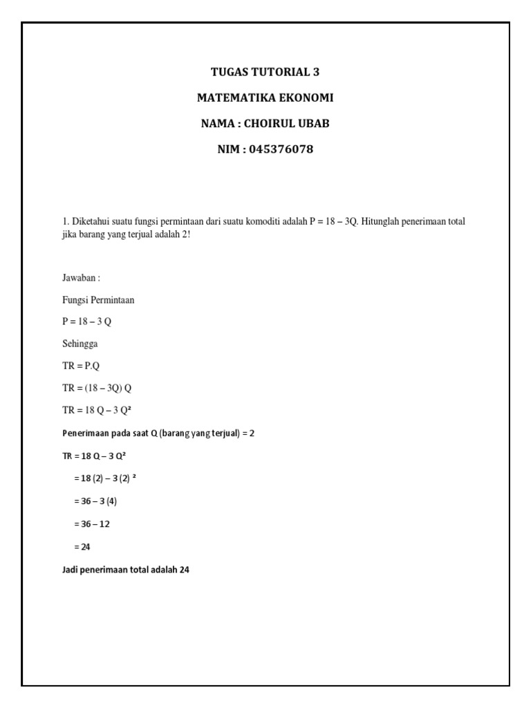 Tugas Tutorial 3 Matematika Ekonomi | PDF