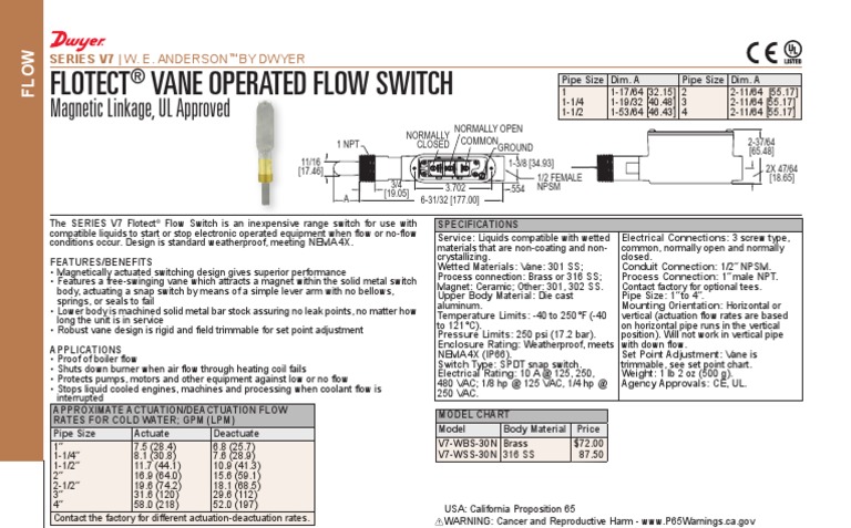 Flotect Vane Operated Flow Switch: Magnetic Linkage, UL Approved ...