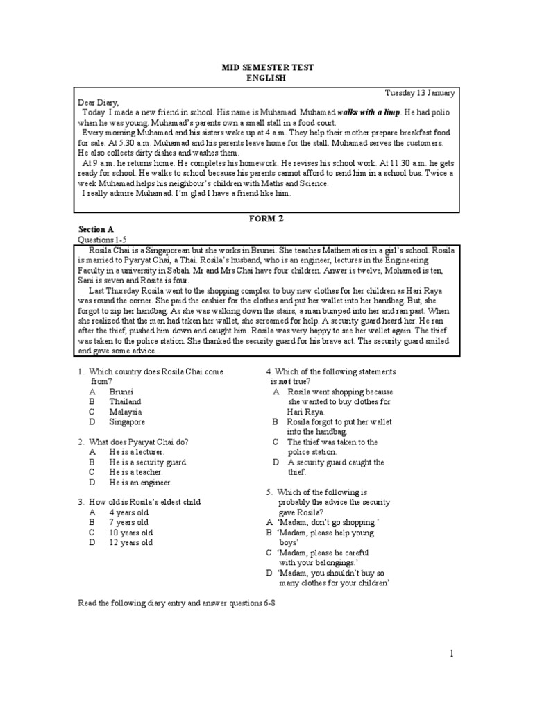 Mid Semester Test 1 | PDF | Sandwich | Lunch