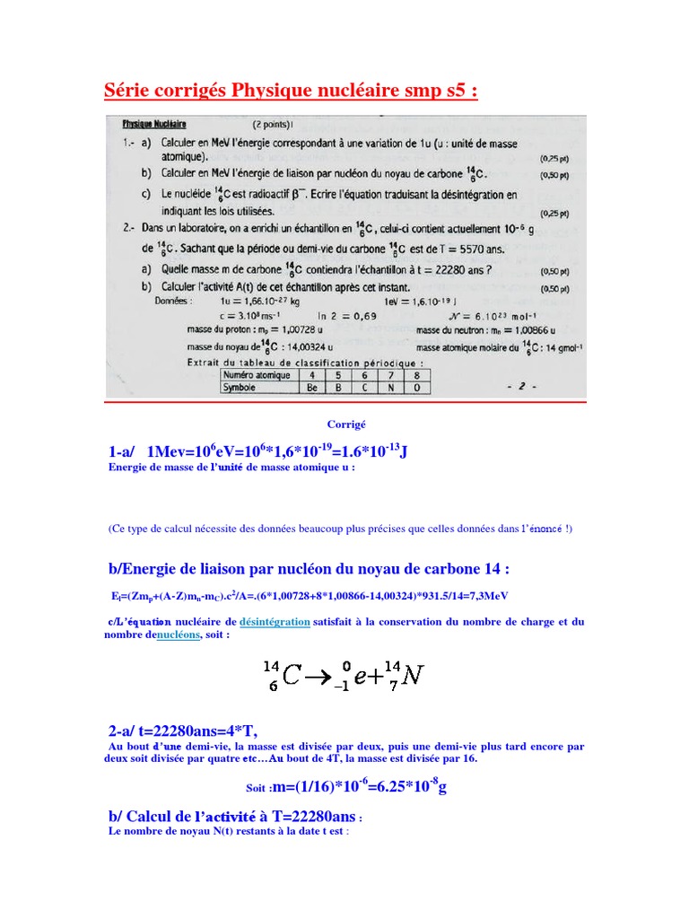 TD N°1 Avec Corrigé de La Physique - Nucléaire | PDF