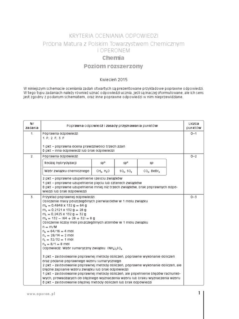 Arkusz Próbnej Matury Z Polskim Towarzystwem Chemicznym I Operonem - Kwiecień 2015 - Odpowiedzi ...