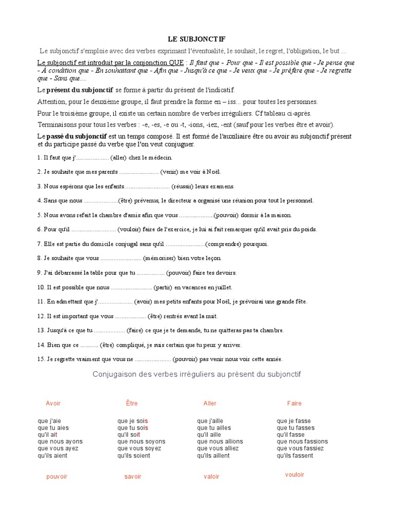 Exercices sur le subjonctif français | PDF | Verbe | Conjugaison