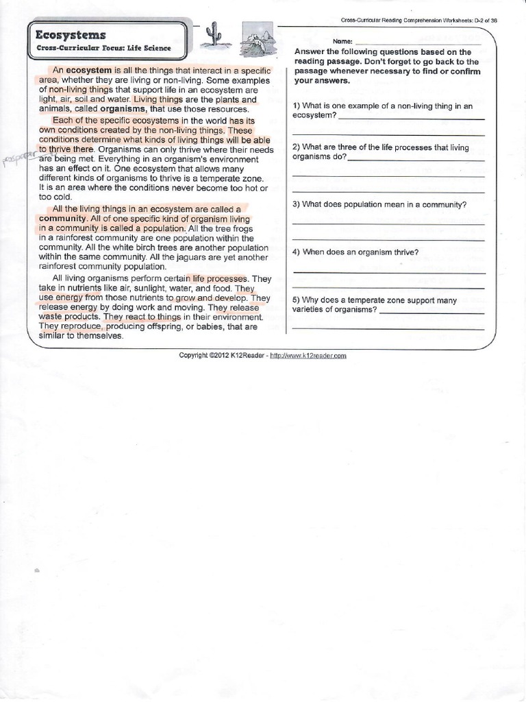 Ecosystems Reading Comprehension | PDF