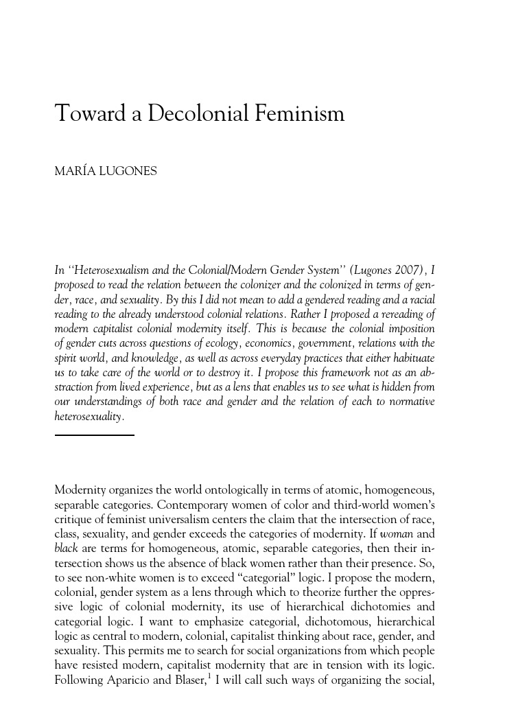 Lugones_María-Toward a Decolonial Feminism | PDF | Gender | Gender Studies